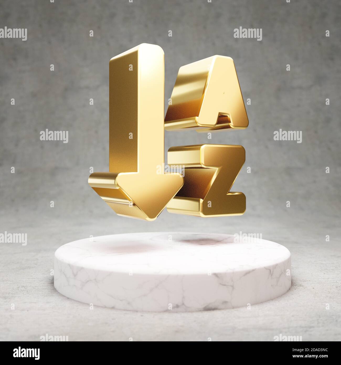 Sort A-Z icon. Gold glossy Sort A-Z symbol on white marble podium ...