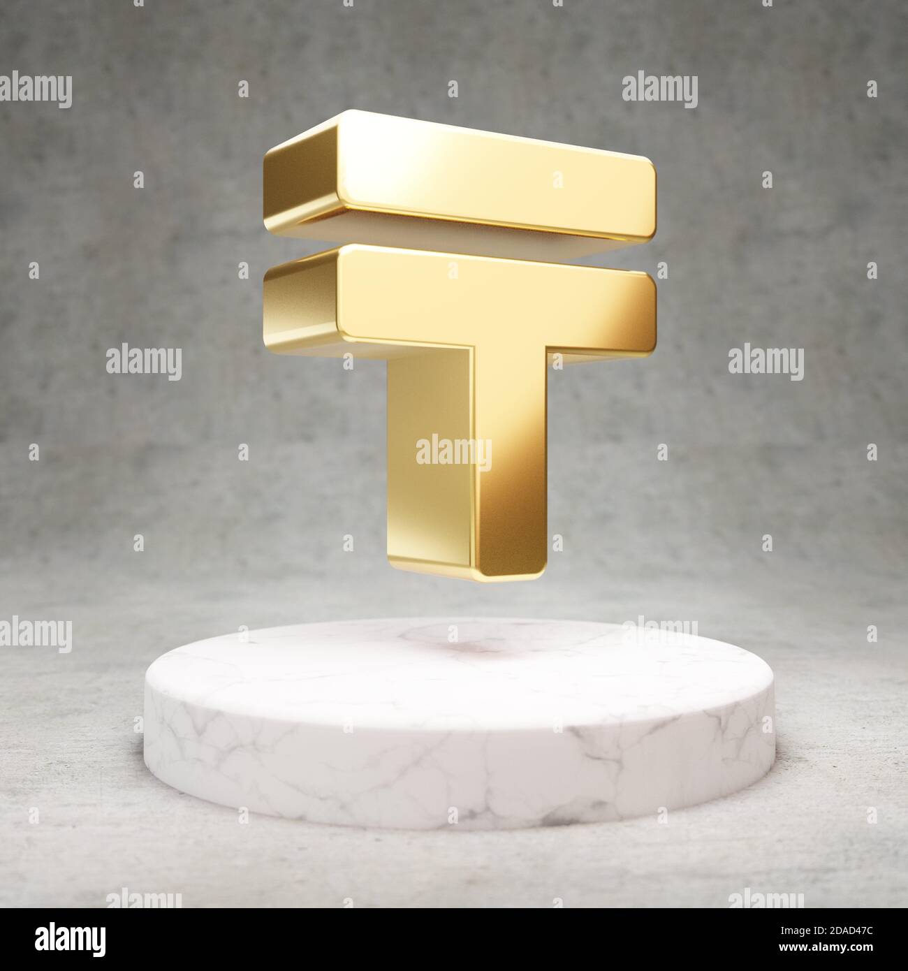 Tenge icon. Gold glossy Tenge symbol on white marble podium. Modern ...