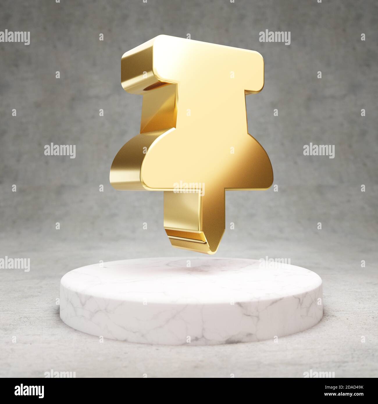 Thumbtack icon. Gold glossy Thumbtack symbol on white marble podium ...