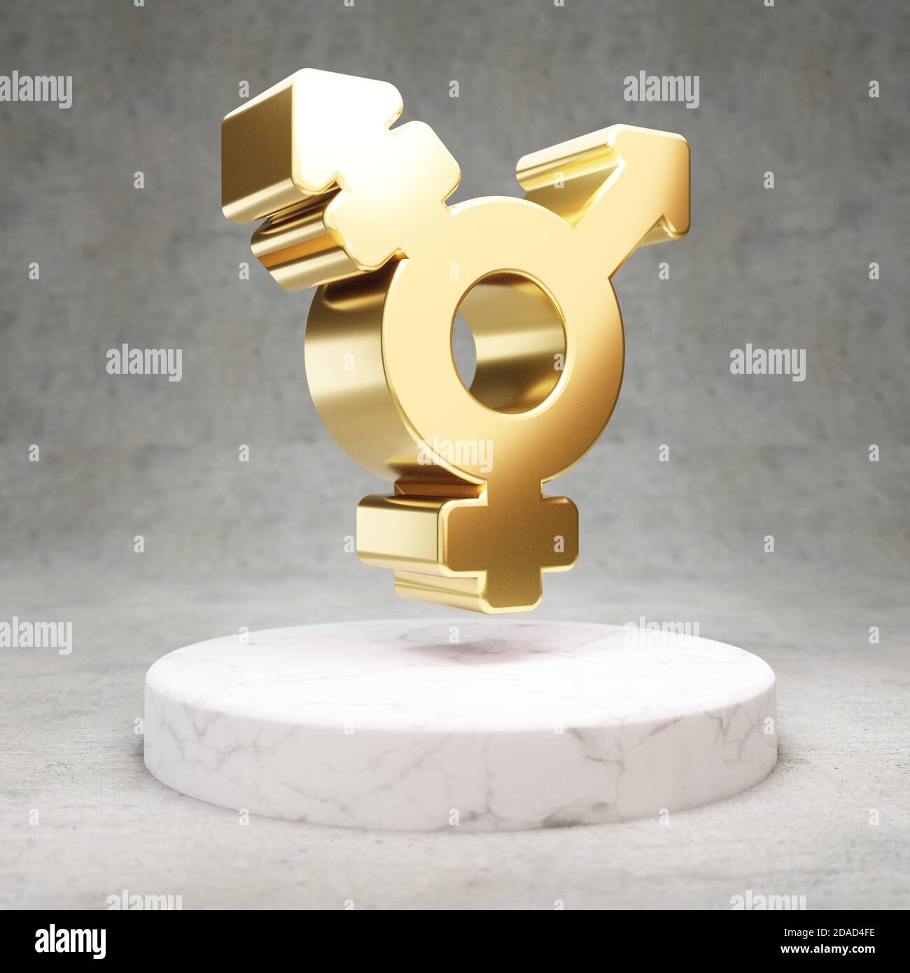 Transgender icon. Gold glossy Transgender symbol on white marble podium ...