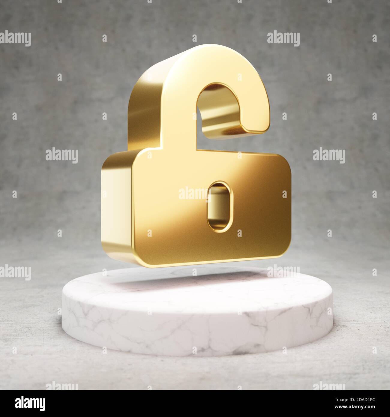 Unlock icon. Gold glossy University symbol on white marble podium ...