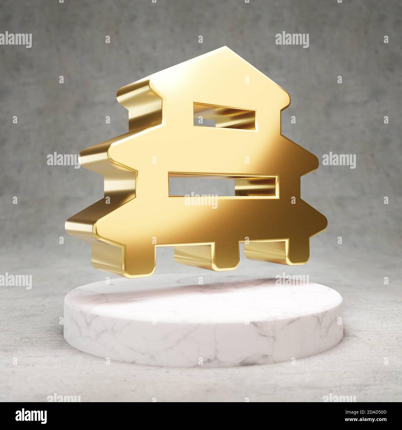 Vihara icon. Gold glossy University symbol on white marble podium ...