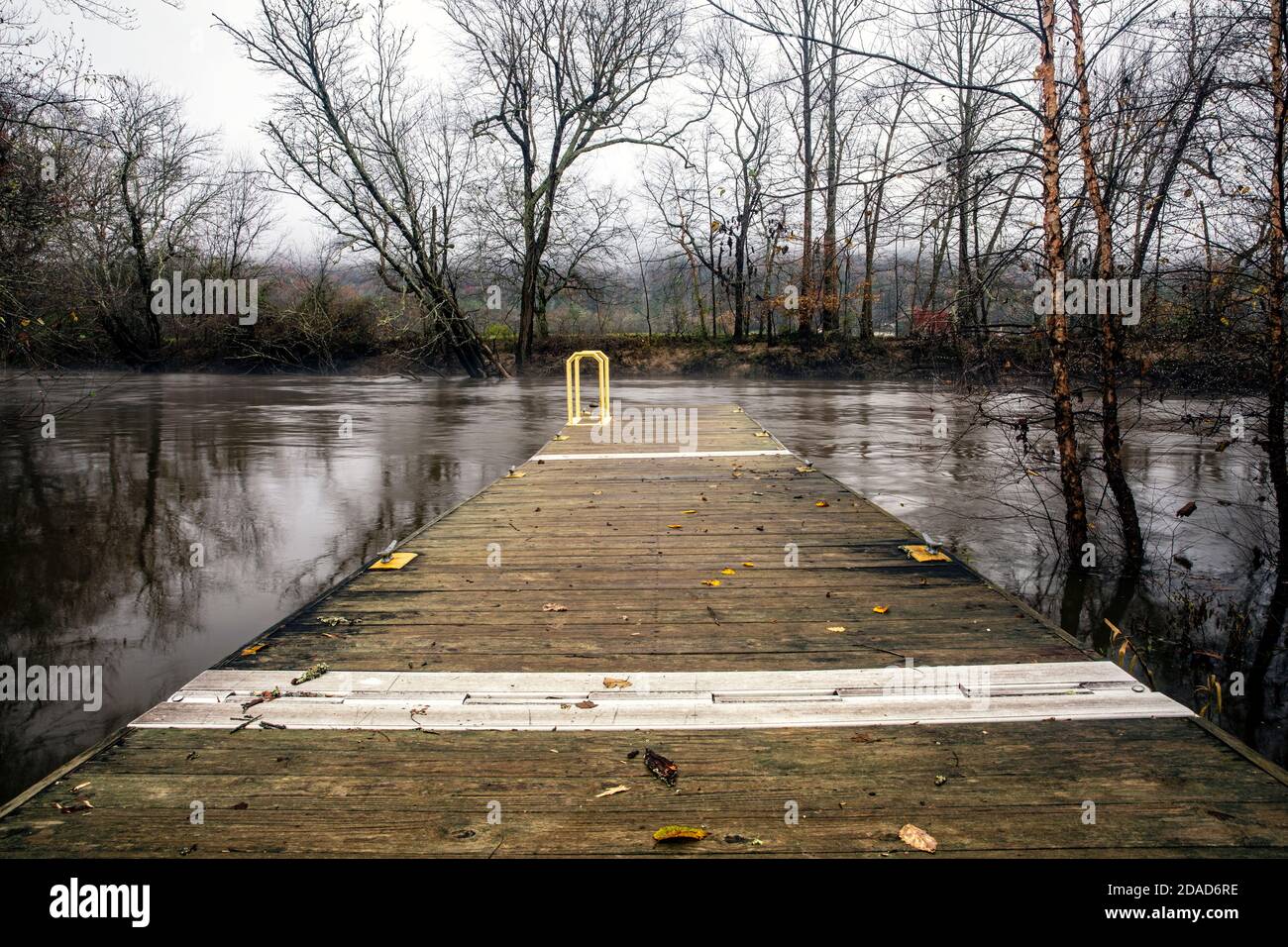Wooden dock on the French Broad River on a misty morning - Penrose ...