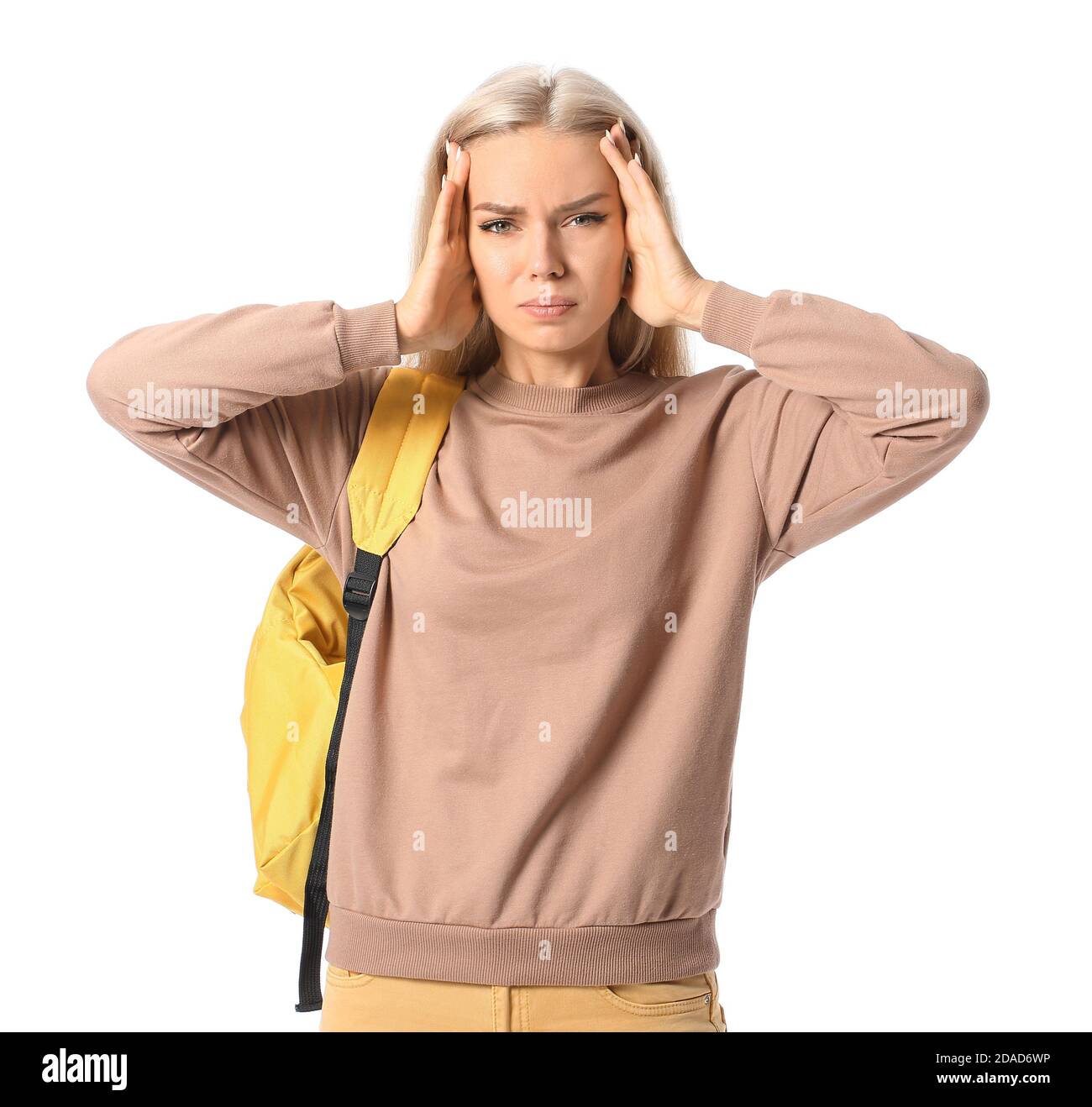 Stressed female student on white background Stock Photo - Alamy