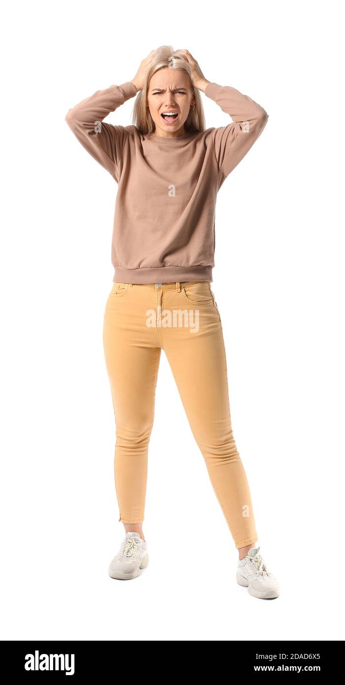Stressed young woman on white background Stock Photo - Alamy