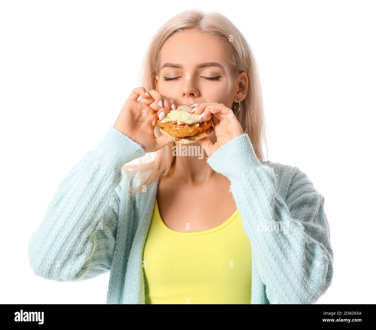 Woman with problem of strong hunger on white background. Diabetes ...