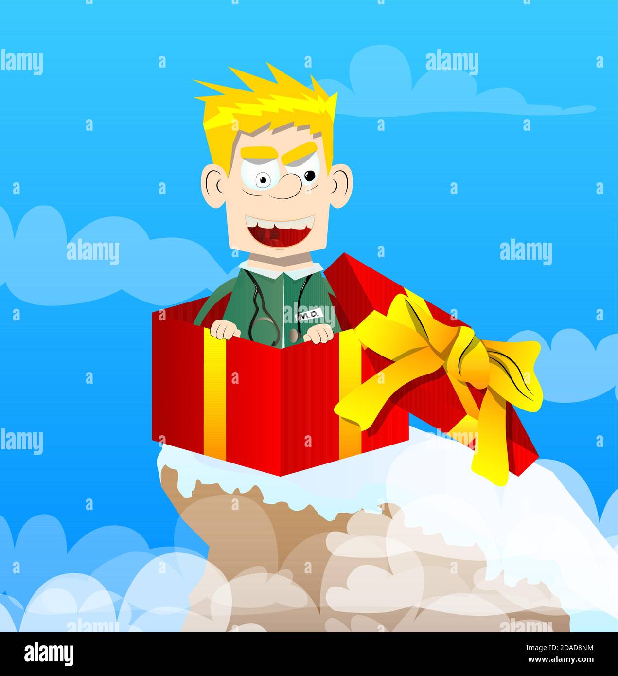 Funny cartoon doctor in a gift box. Vector illustration. Health care ...