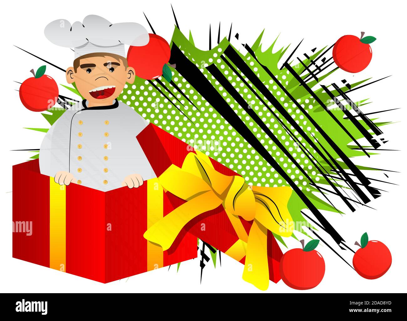 Fat male cartoon chef in uniform in a gift box. Vector illustration of ...