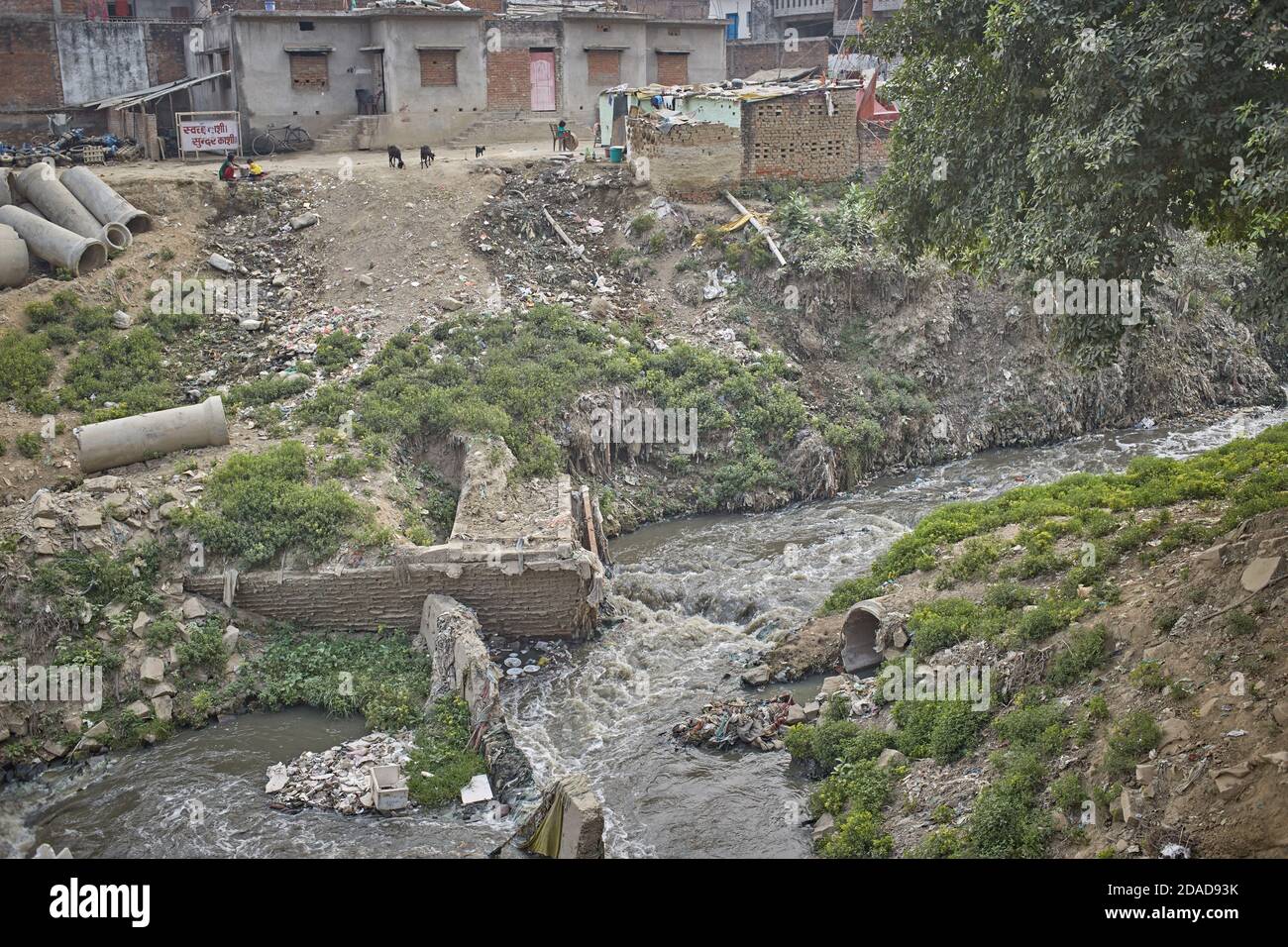Varanasi, India, November 2015. Contaminated river full of garbage in a ...