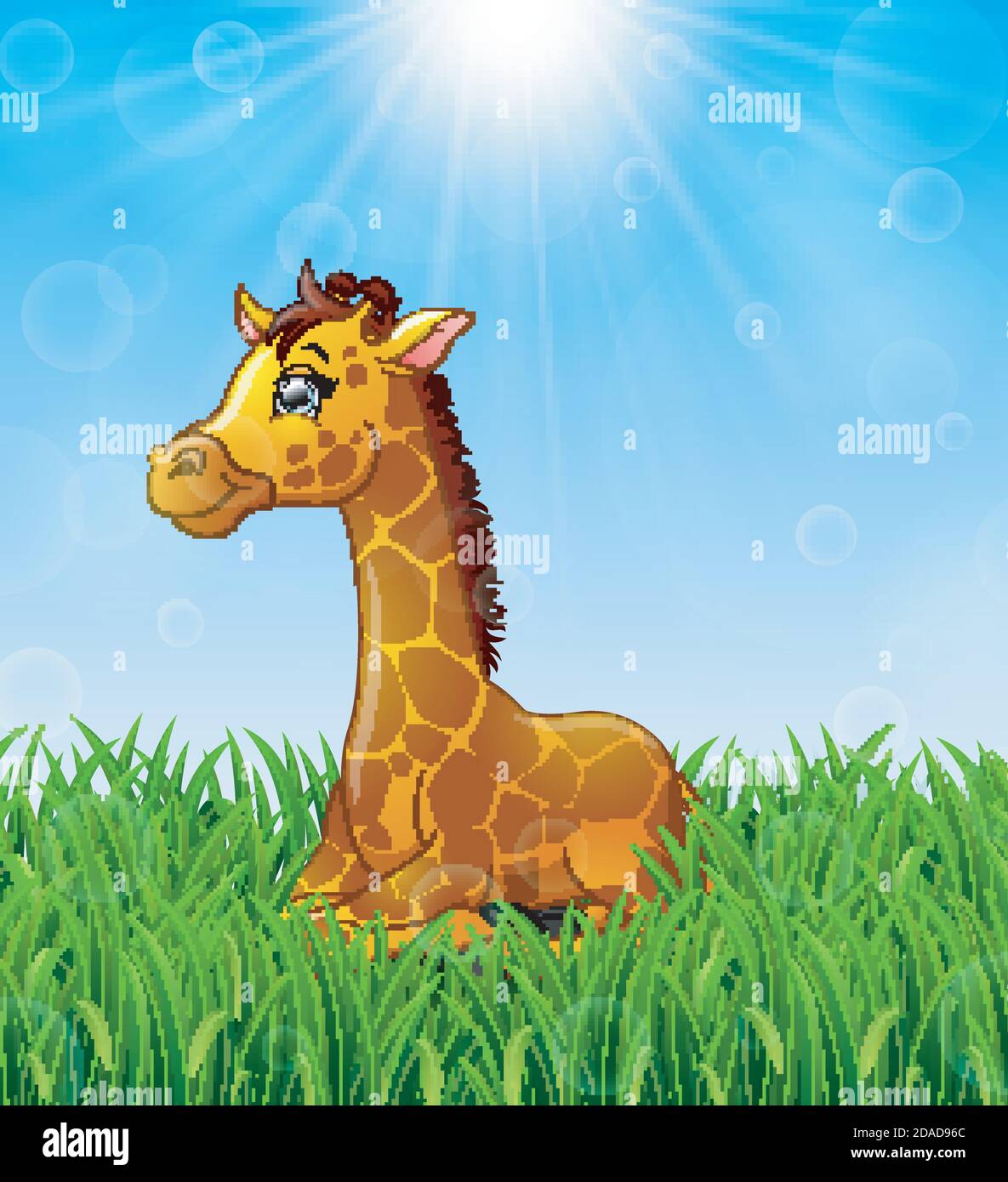 Vector illustration of Cartoon giraffe sitting in the grass on a ...