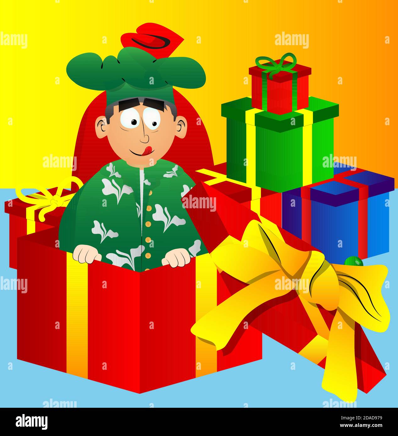 Fat male cartoon chef in uniform in a gift box. Vector illustration of ...