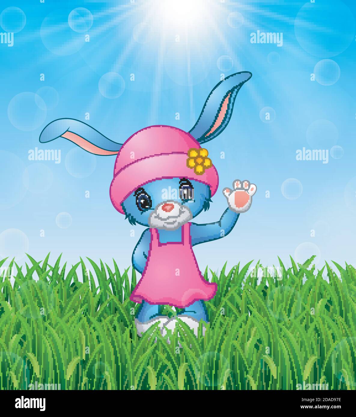 Vector illustration of Cute rabbit cartoon waving in the grass on a ...