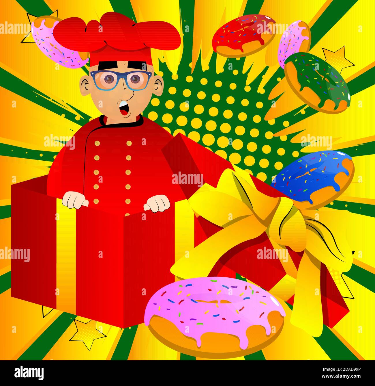 Fat male cartoon chef in uniform in a gift box. Vector illustration of ...