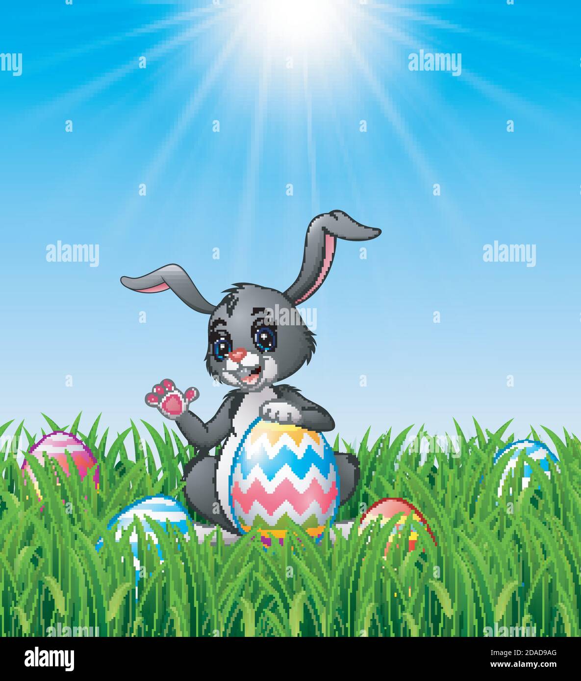 Vector illustration of Cartoon bunny waving hand with holding easter ...