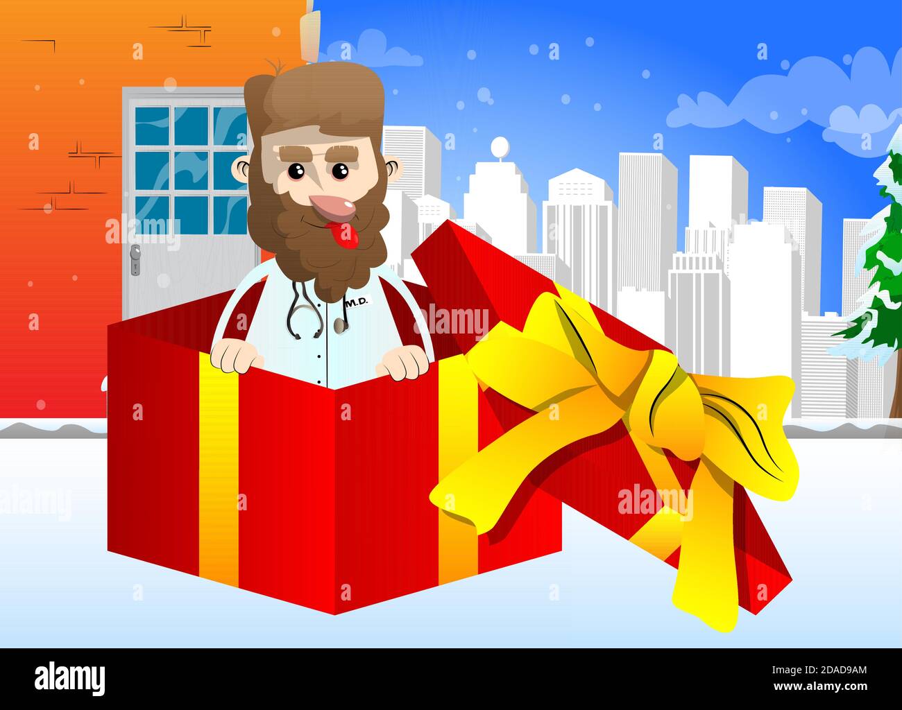 Funny cartoon doctor in a gift box. Vector illustration. Health care ...