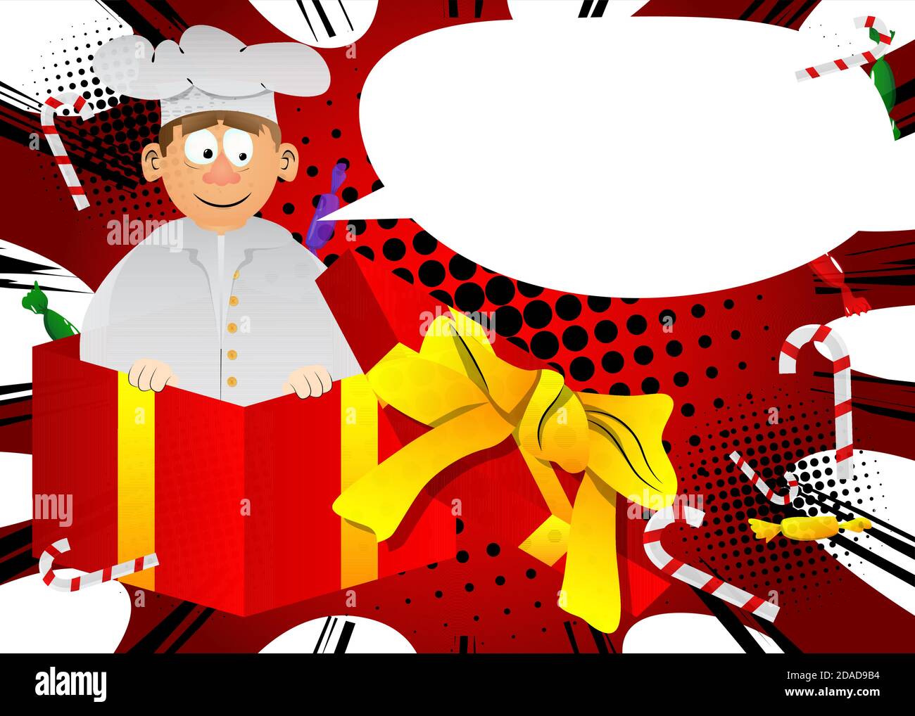 Fat male cartoon chef in uniform in a gift box. Vector illustration of ...
