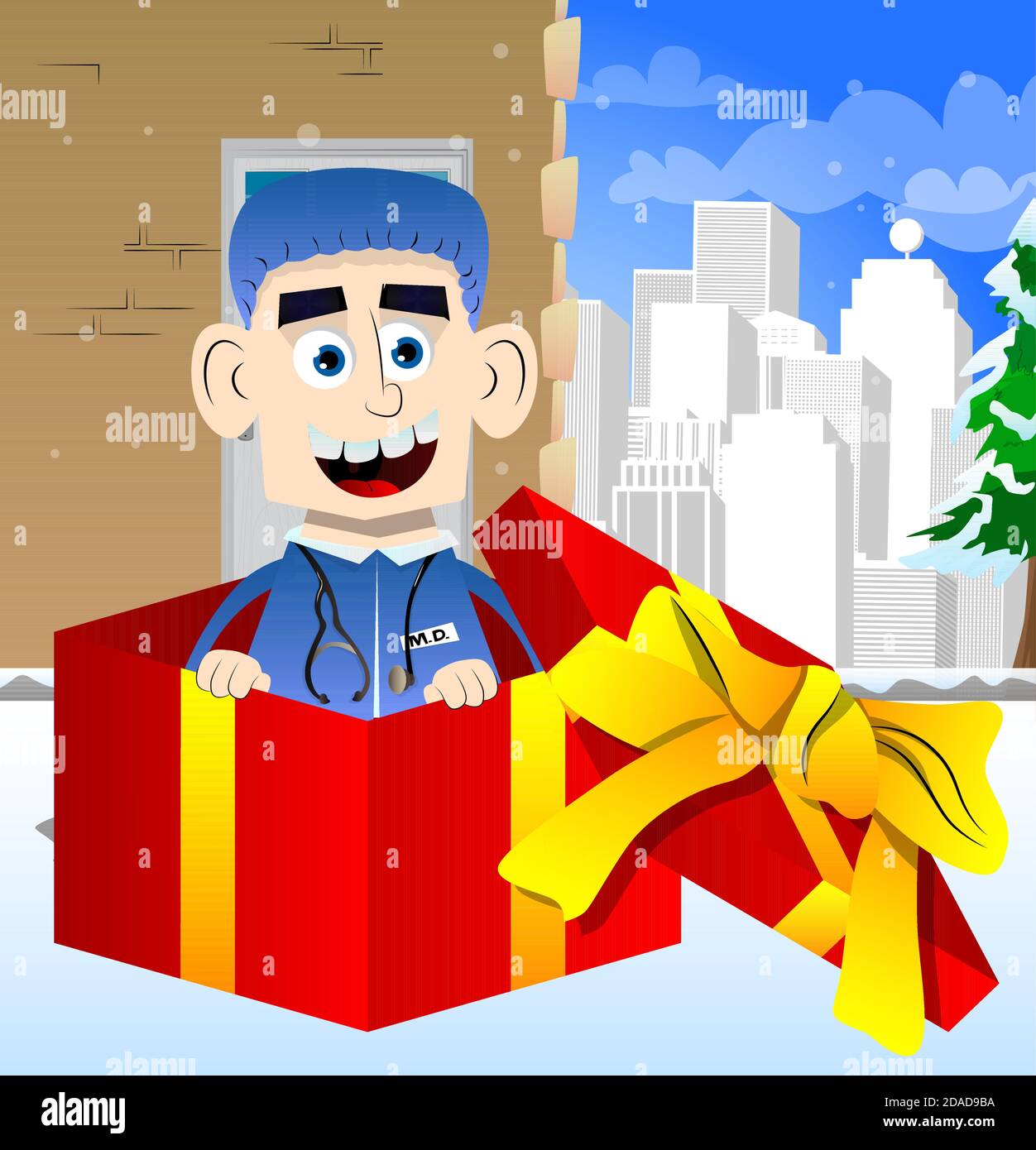 Funny cartoon doctor in a gift box. Vector illustration. Health care ...