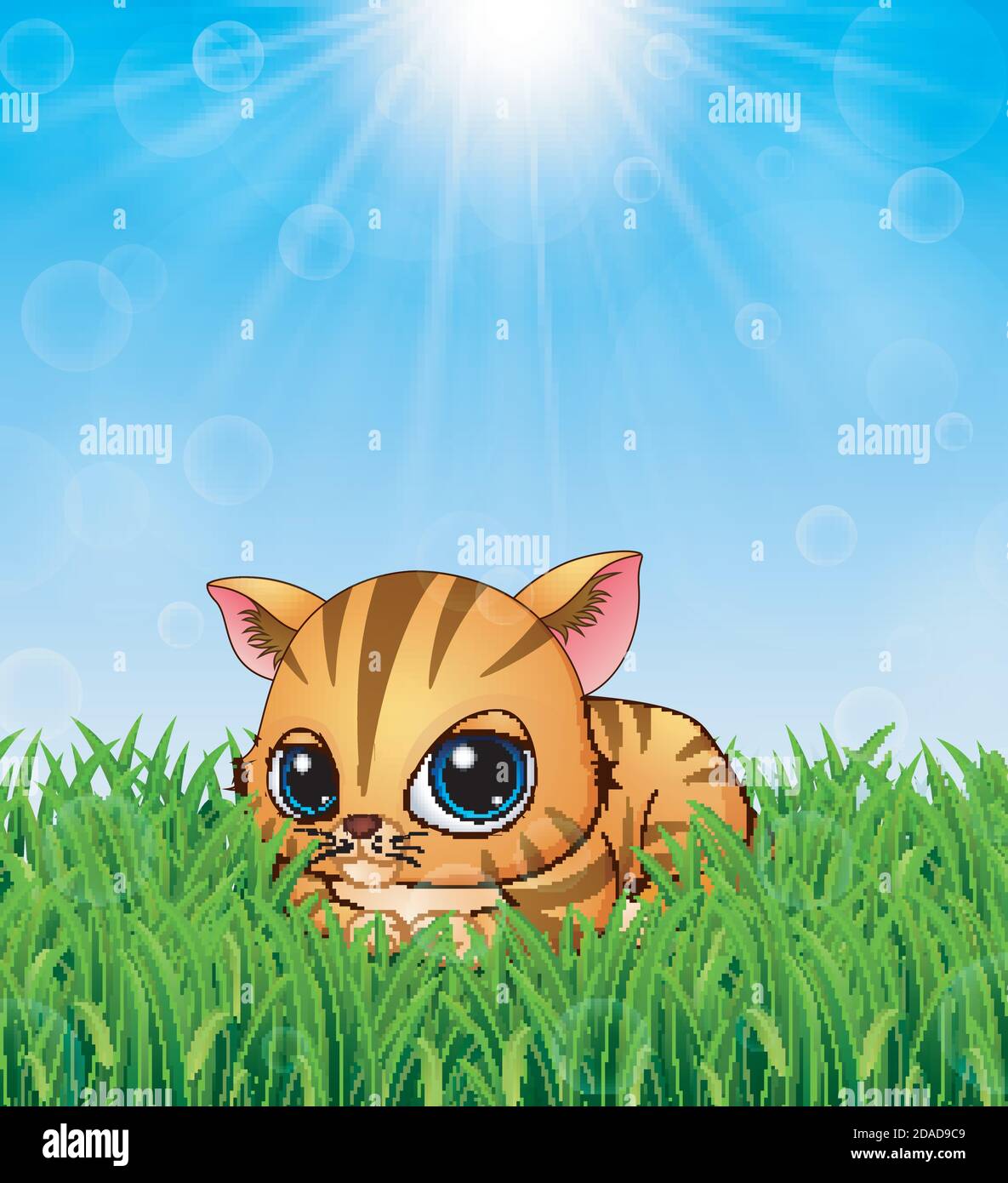 Vector illustration of Cute kitten cartoon lay down in the grass on a ...