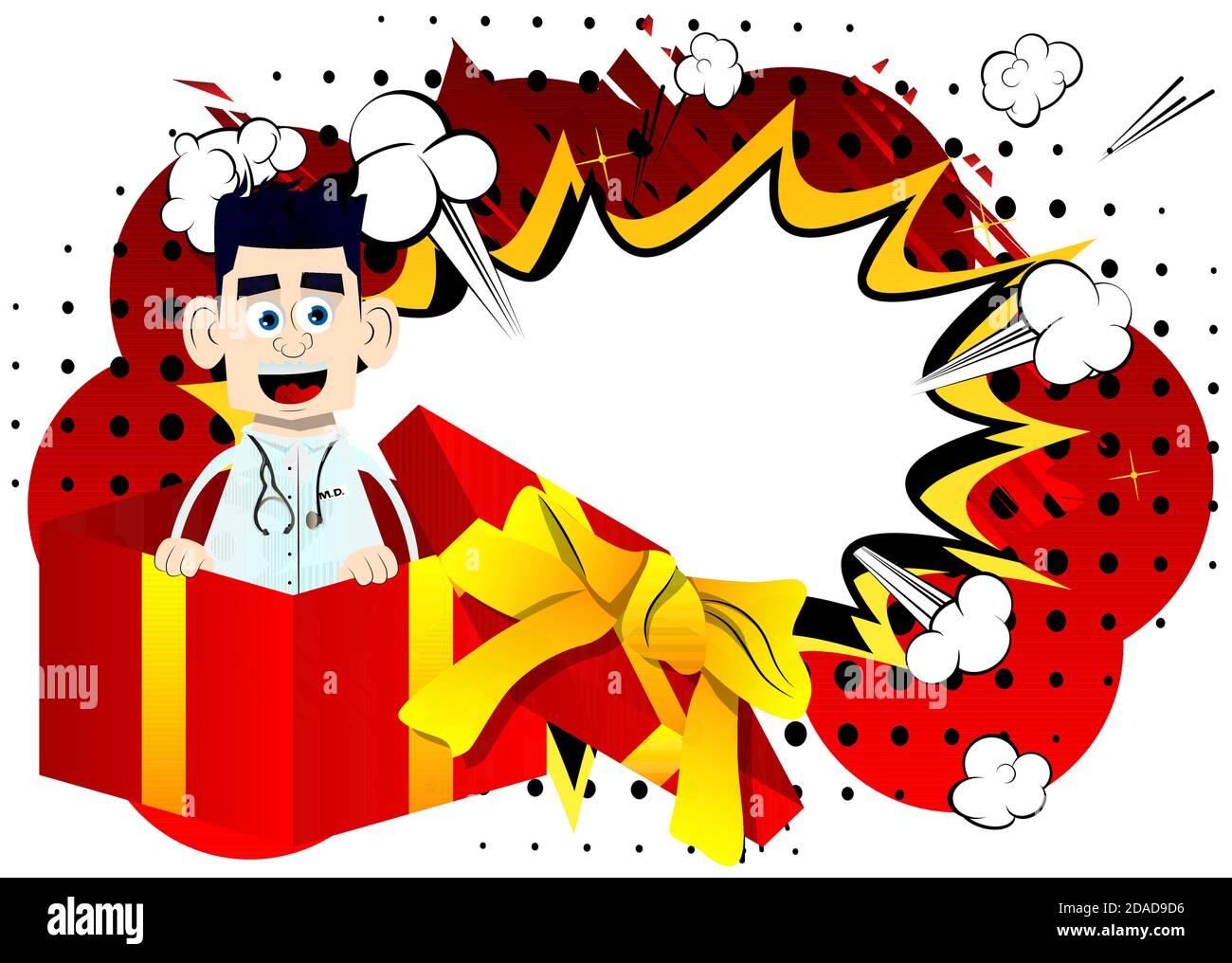 Funny cartoon doctor in a gift box. Vector illustration. Health care ...