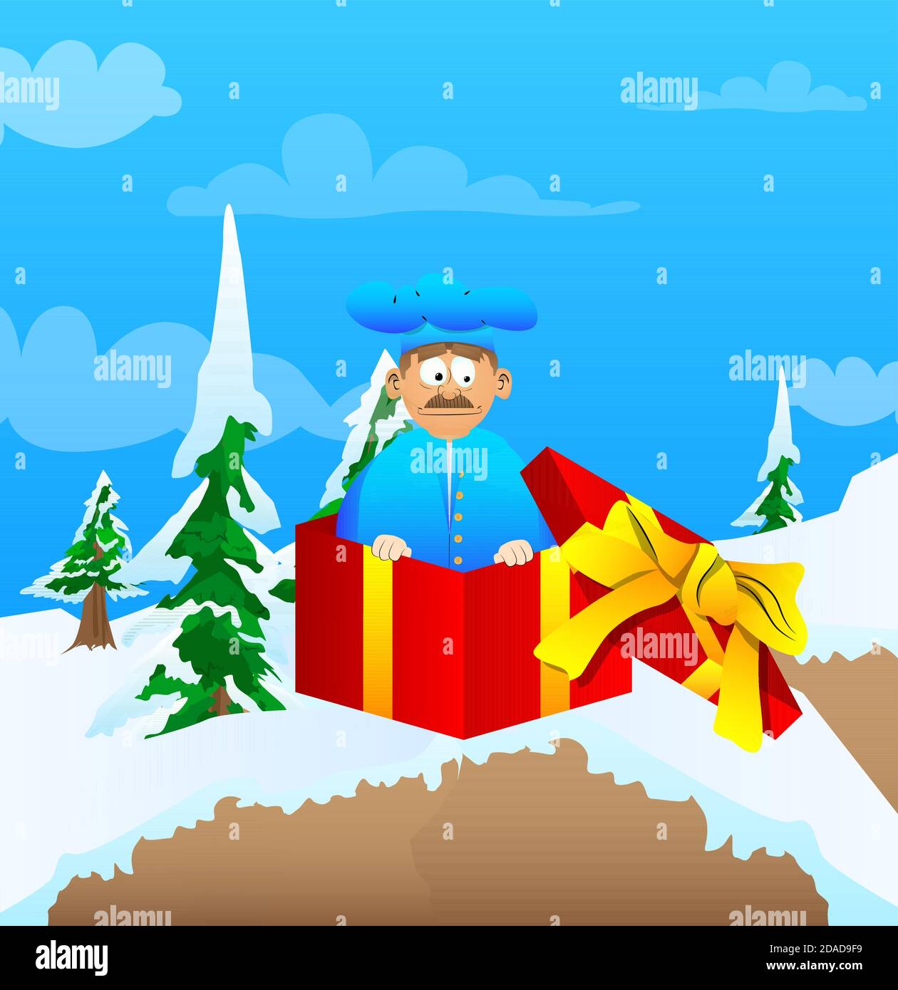 Fat male cartoon chef in uniform in a gift box. Vector illustration of ...