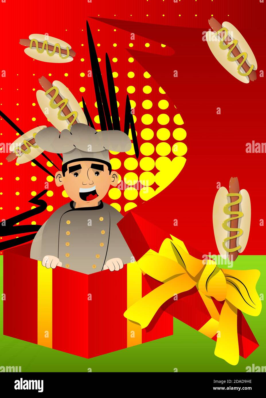 Fat male cartoon chef in uniform in a gift box. Vector illustration of ...