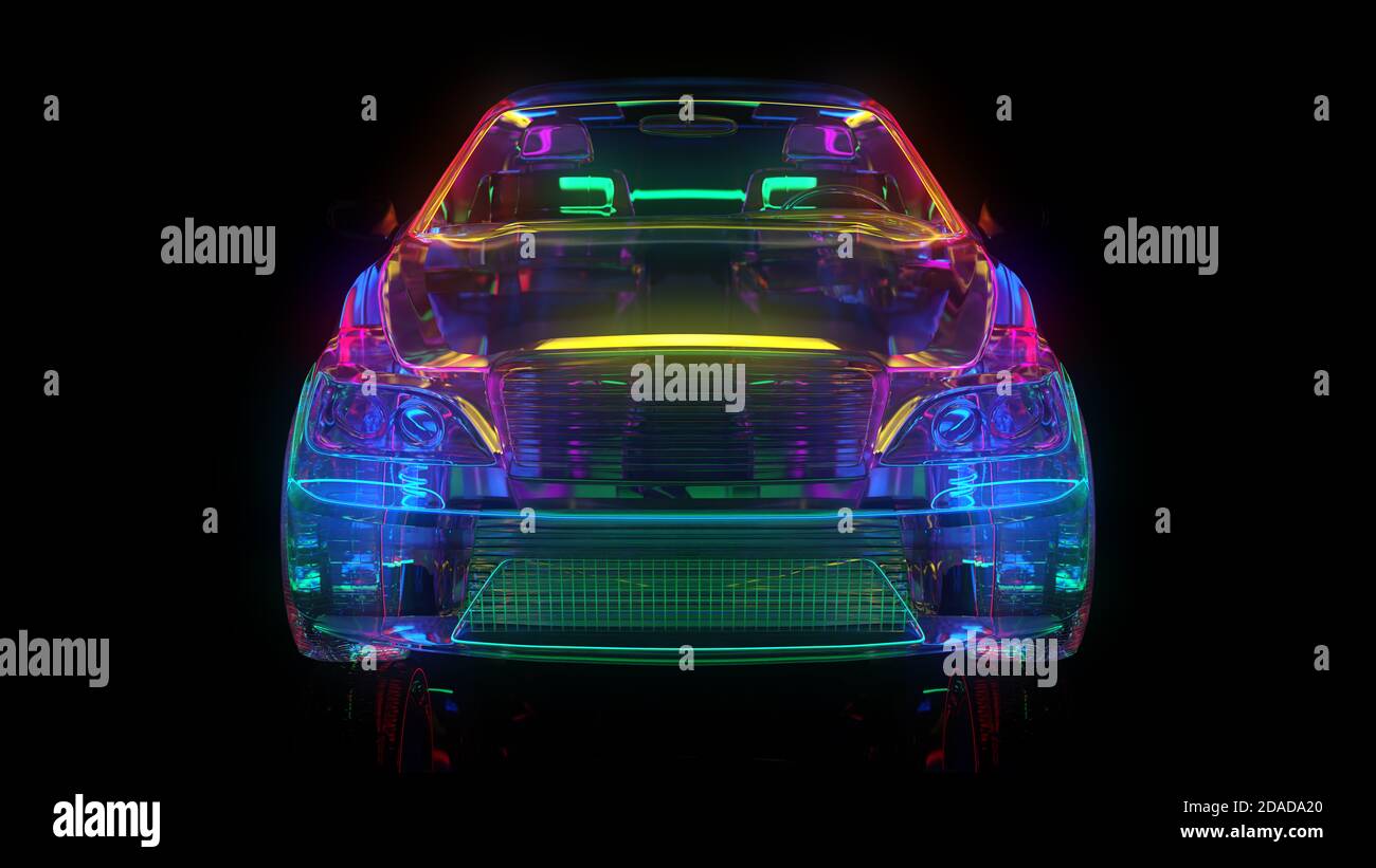 Glass car with neon lighting. The edges of the car are highlighted ...