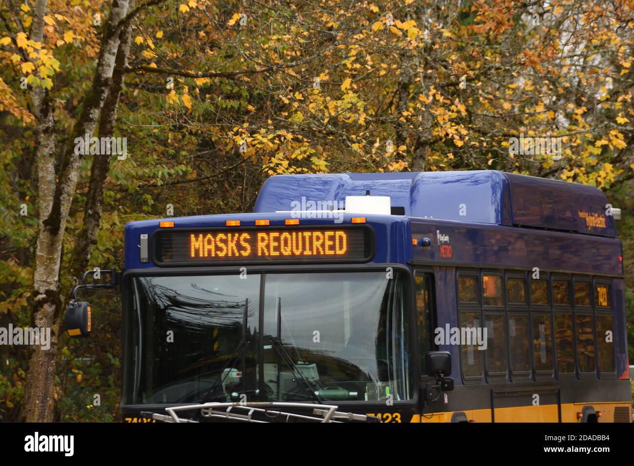 Digital sign “Mask required” on the King county transit metro bus in ...
