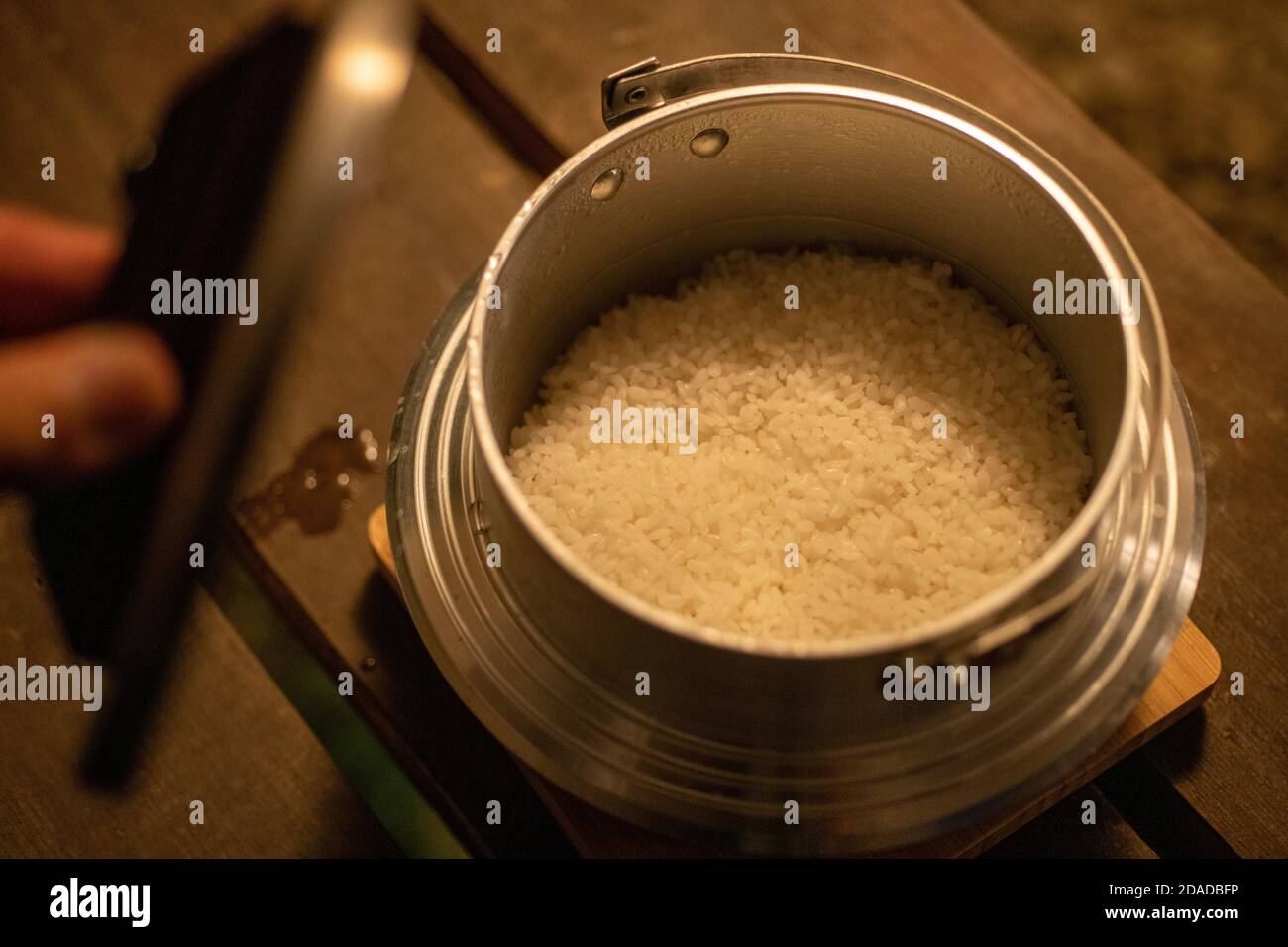 Rice Cooked by Camping Pot Stock Photo - Alamy