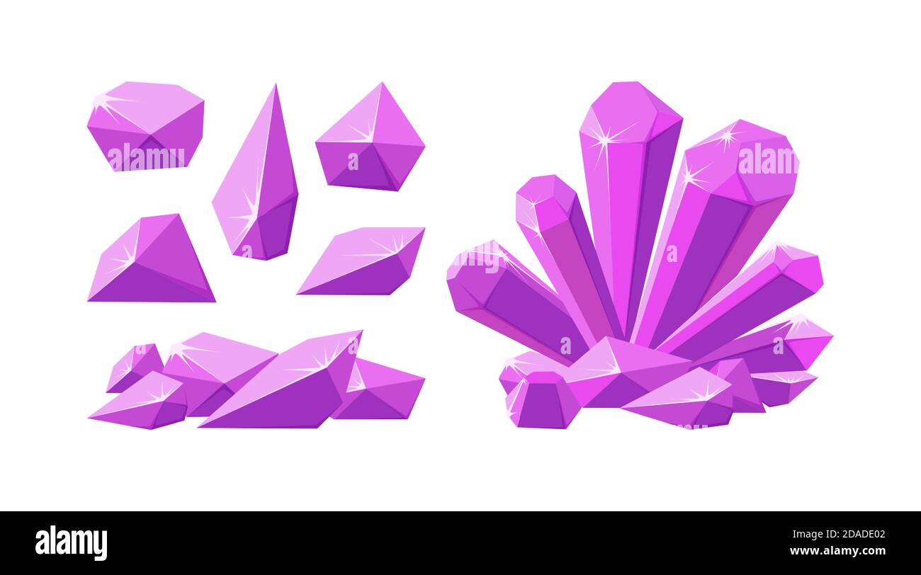 Pink crystal gemstones. Set of ruby crystal prisms and pieces with ...