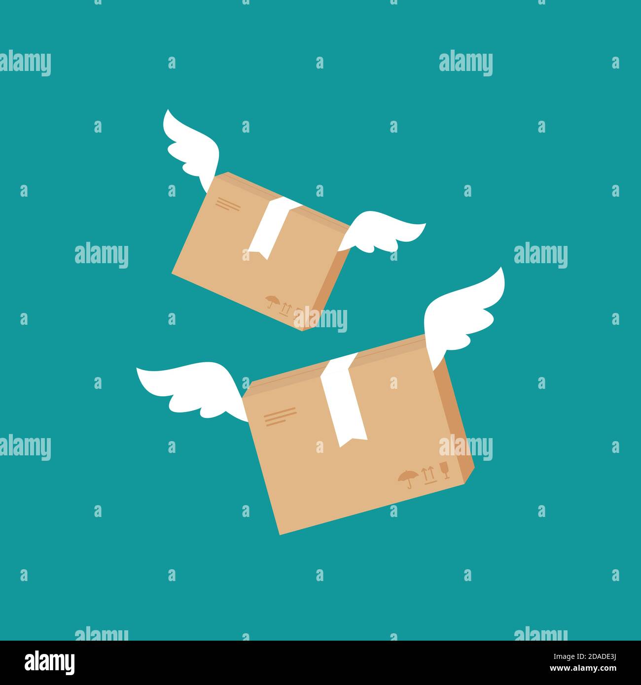 Flying parcel with wings icon isolated on blue. Fast delivery concept ...