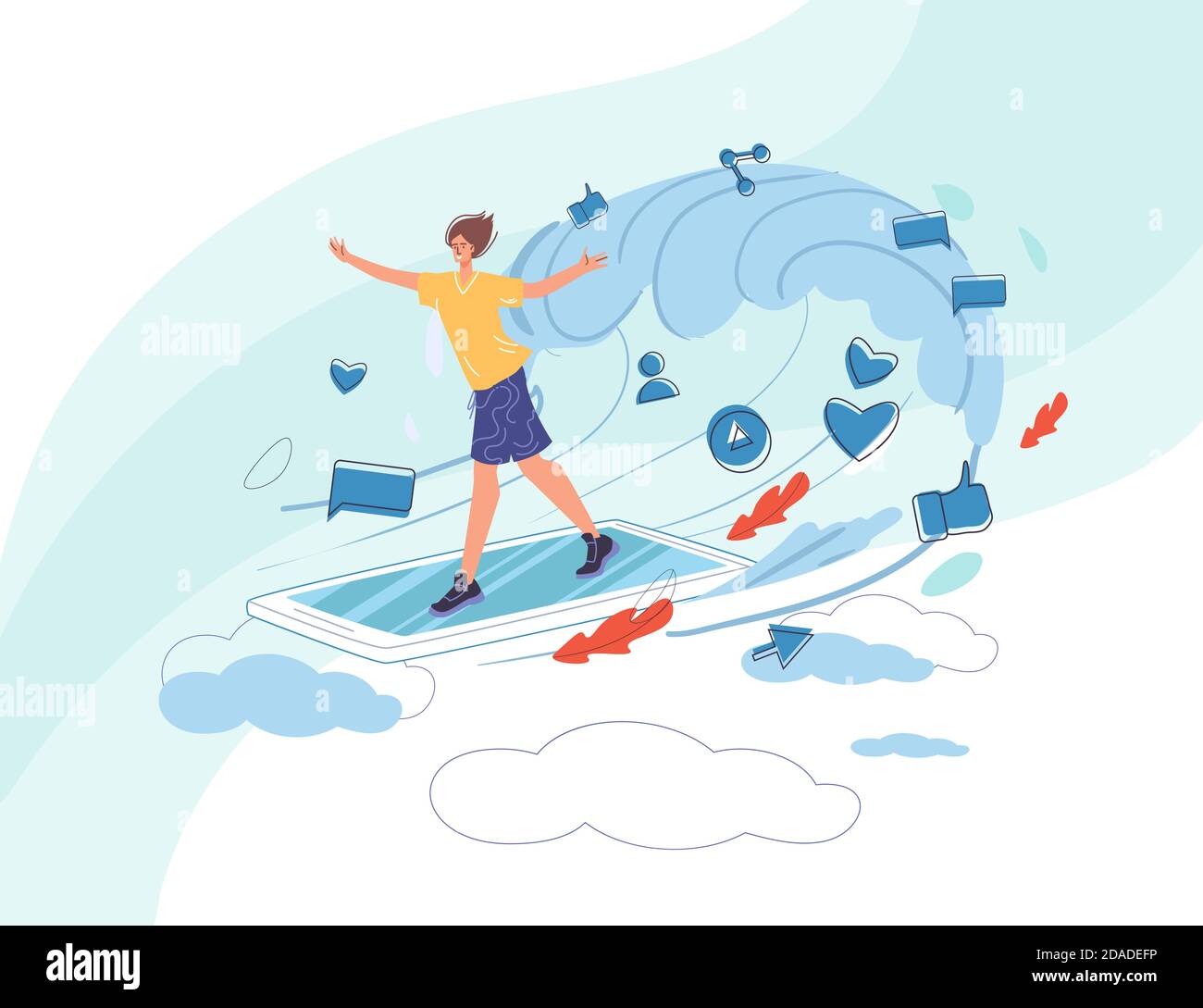 Flat cartoon character surfing internet, vector illustration concept ...