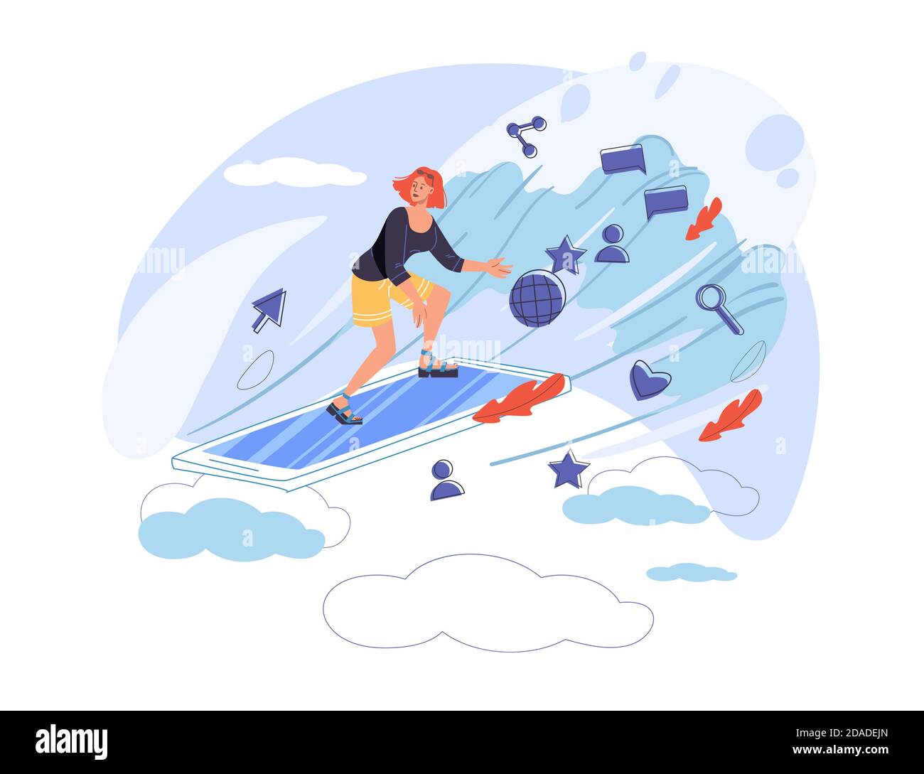 Flat cartoon character surfing internet, vector illustration concept ...