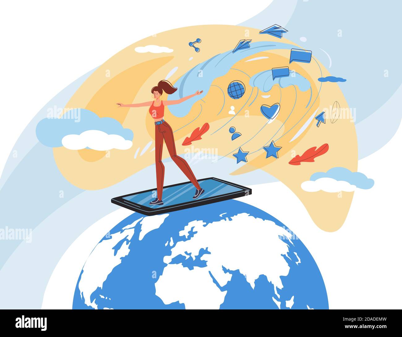 Flat cartoon character surfing internet, vector illustration concept ...