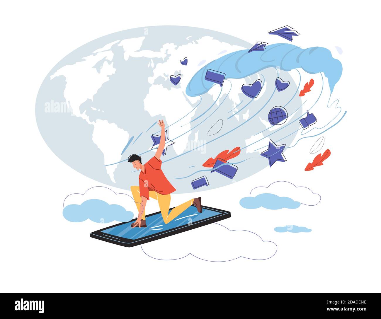 Flat cartoon character surfing internet, vector illustration concept ...