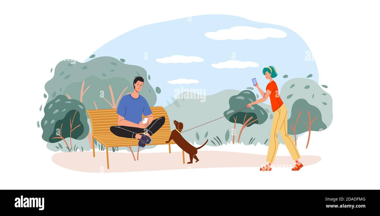 Flat cartoon characters surfing internet, vector illustration concept ...