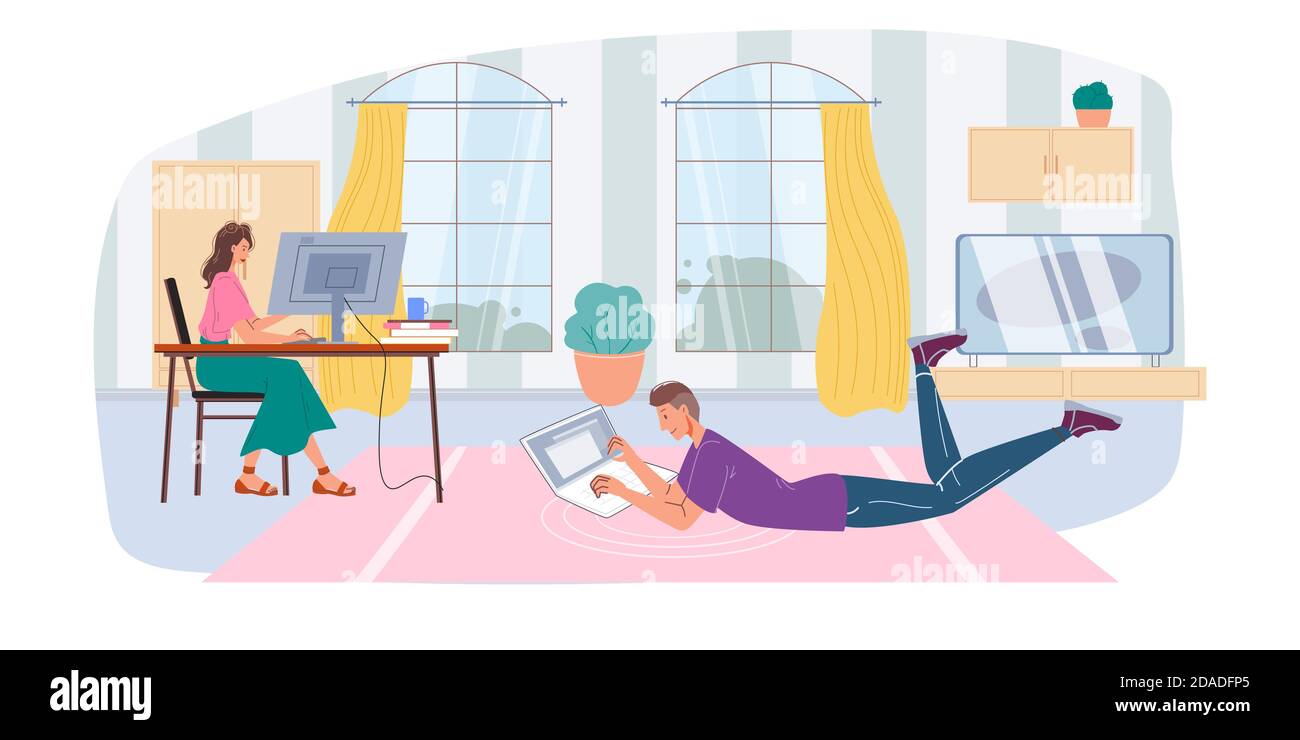 Flat cartoon character surfing internet, vector illustration concept ...