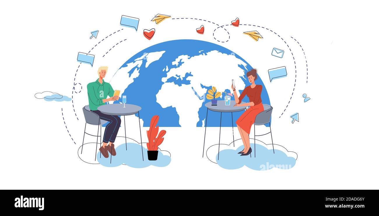 Flat cartoon characters surfing internet, vector illustration concept ...