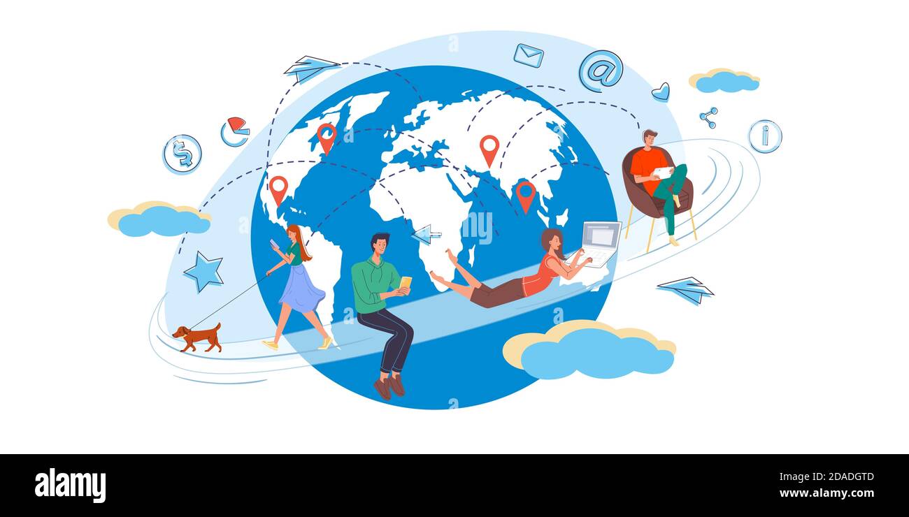 Flat cartoon characters surfing internet, vector illustration concept ...