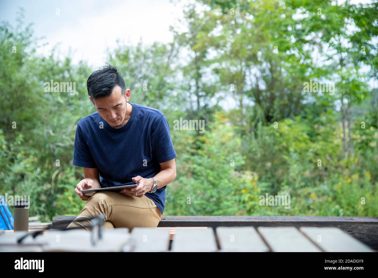 Man Teleworking on an Outdoor Office as New Normal Work Style Stock ...