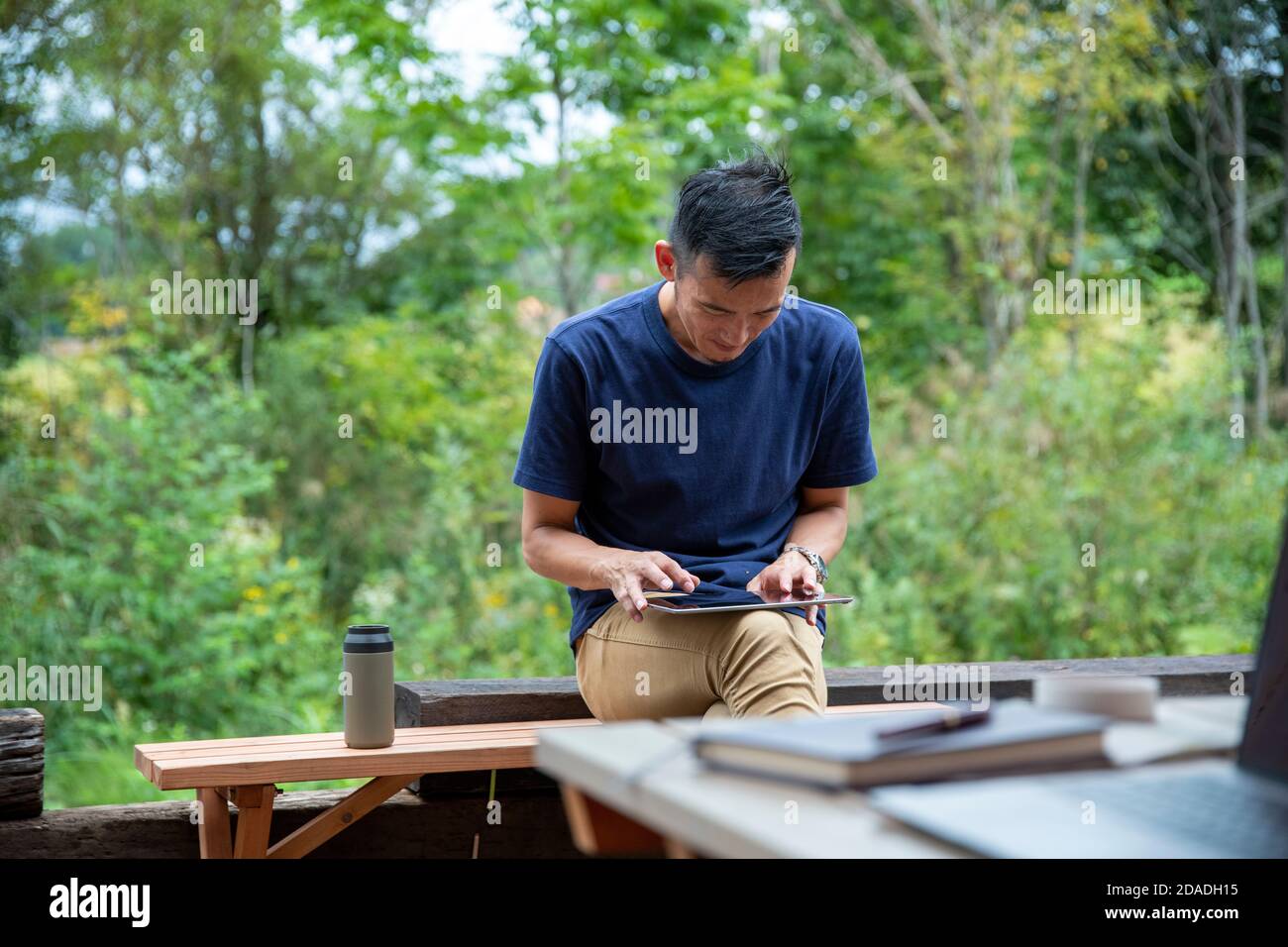Man Teleworking on an Outdoor Office as New Normal Work Style Stock ...