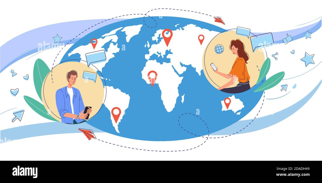 Flat cartoon characters surfing internet, vector illustration concept ...