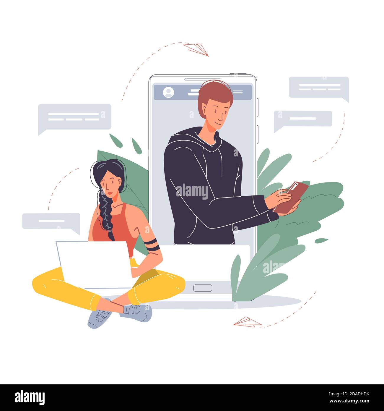 Flat cartoon characters online chat vector illustration concept Stock ...