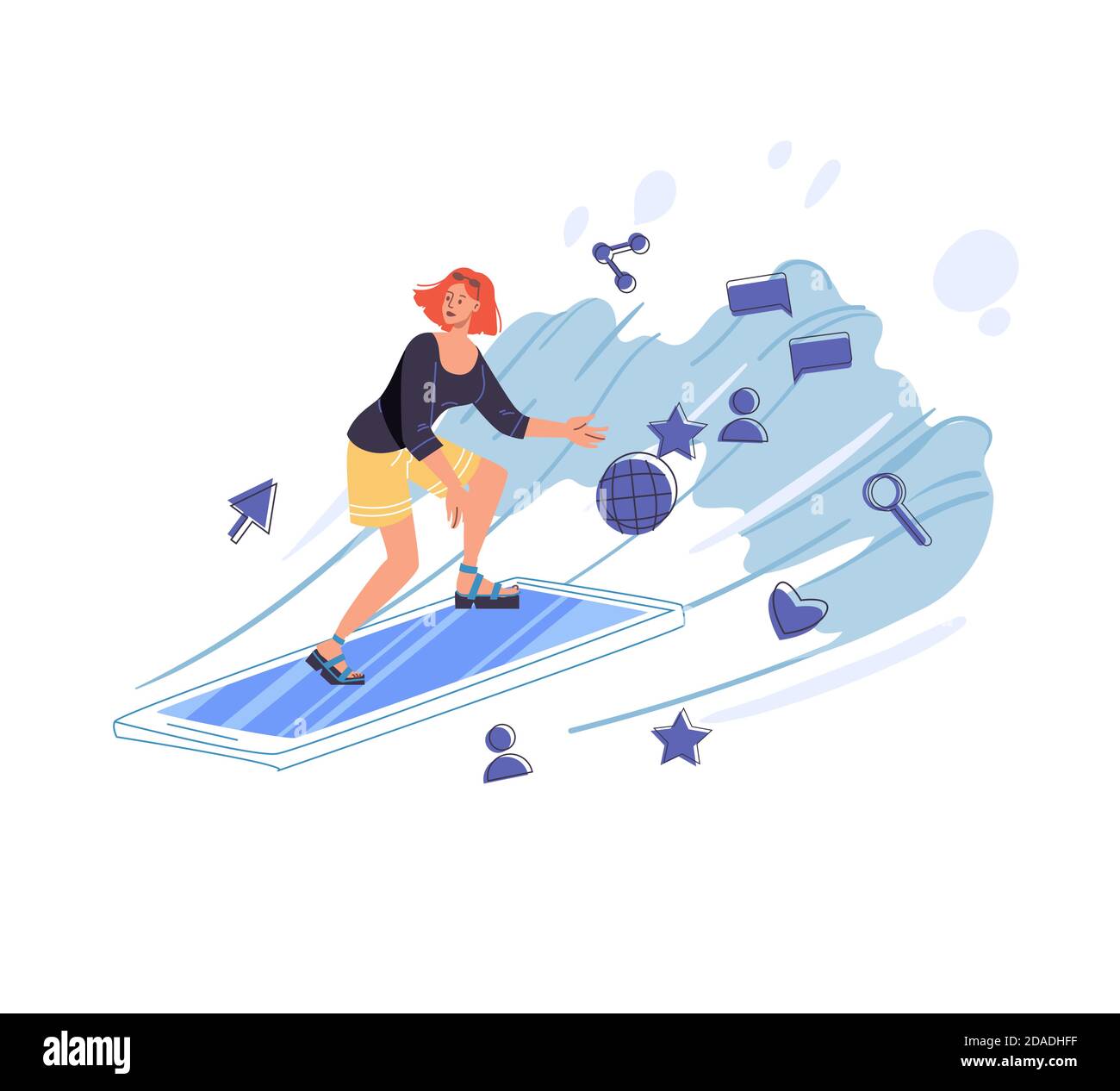 Flat cartoon character surfing internet, vector illustration concept ...