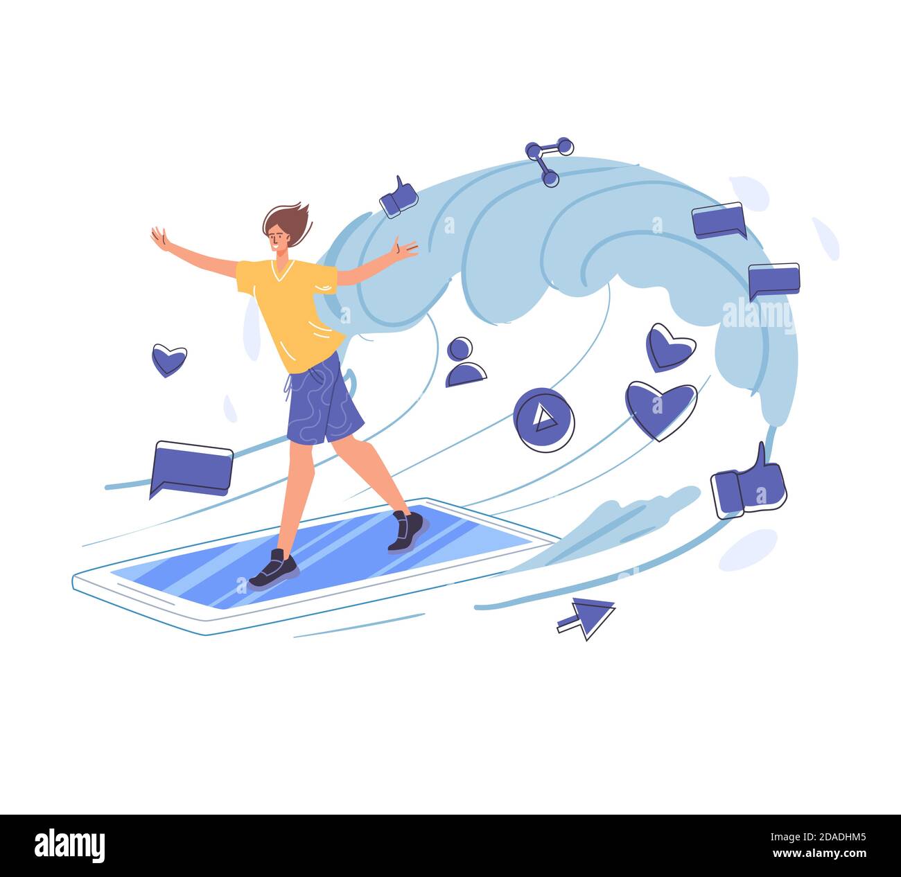 Flat cartoon character surfing internet, vector illustration concept ...