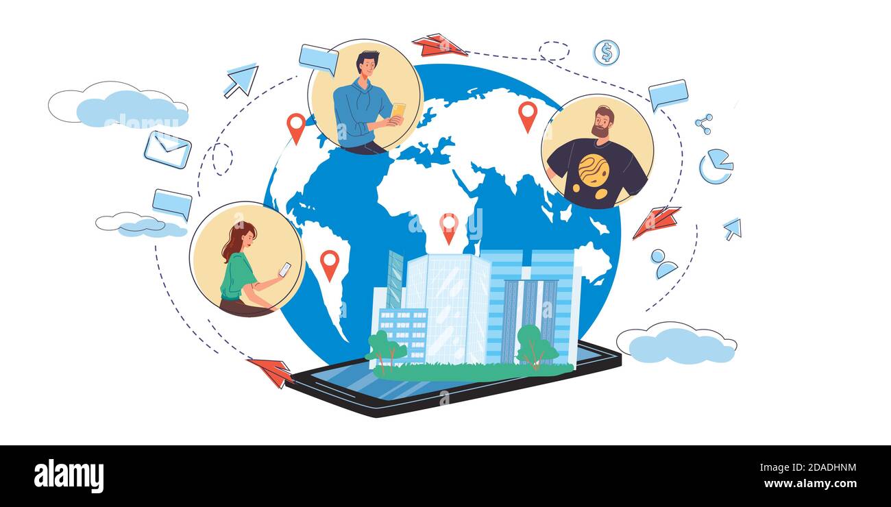 Flat cartoon characters surfing internet, vector illustration concept ...