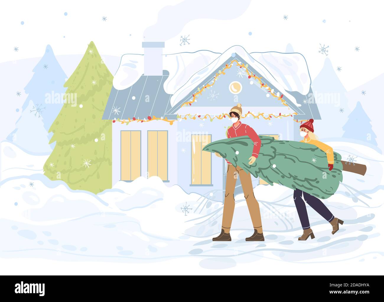 Flat cartoon characters happy holidays vector illustration concept ...