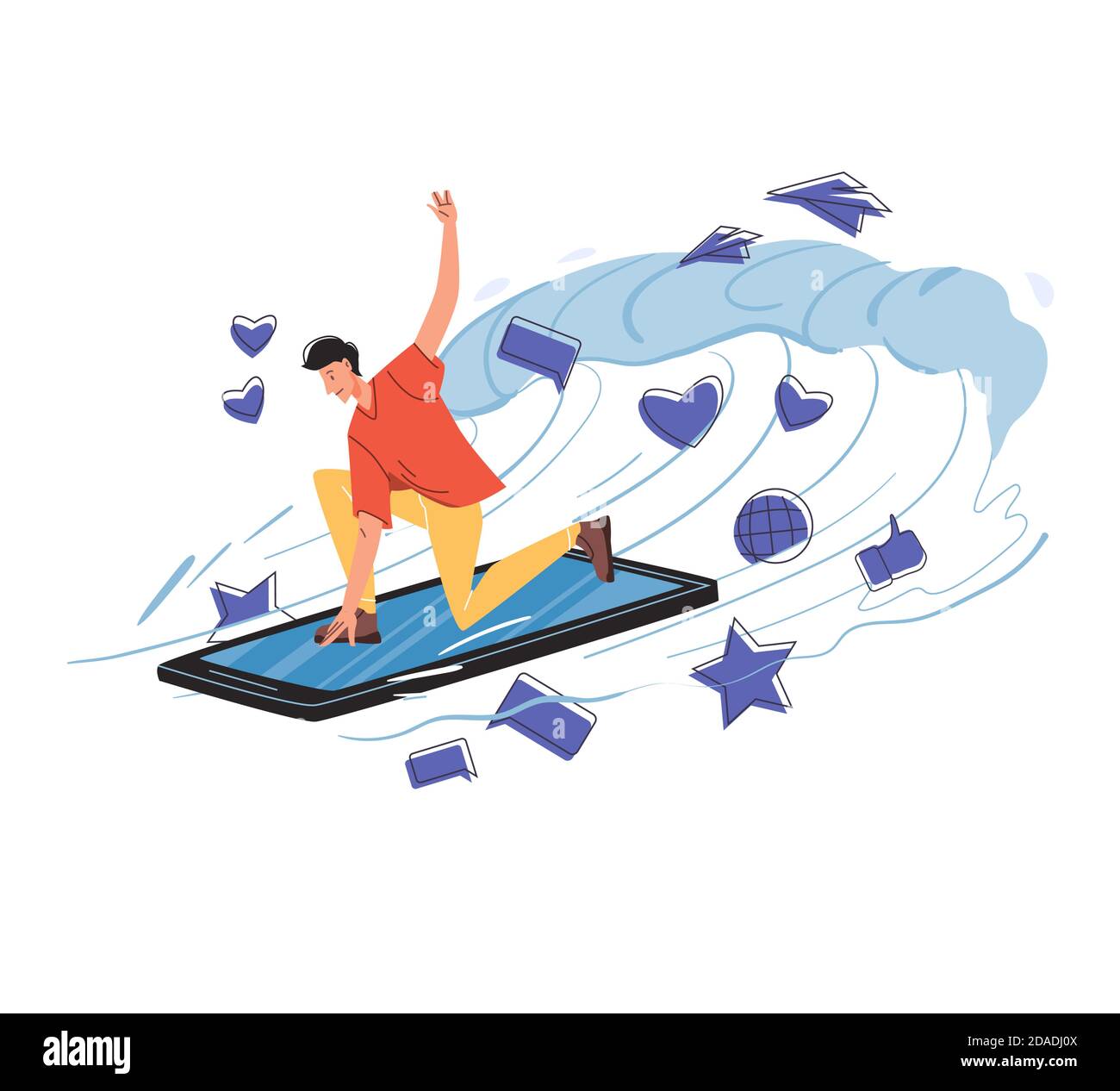 Flat cartoon character surfing internet, vector illustration concept ...