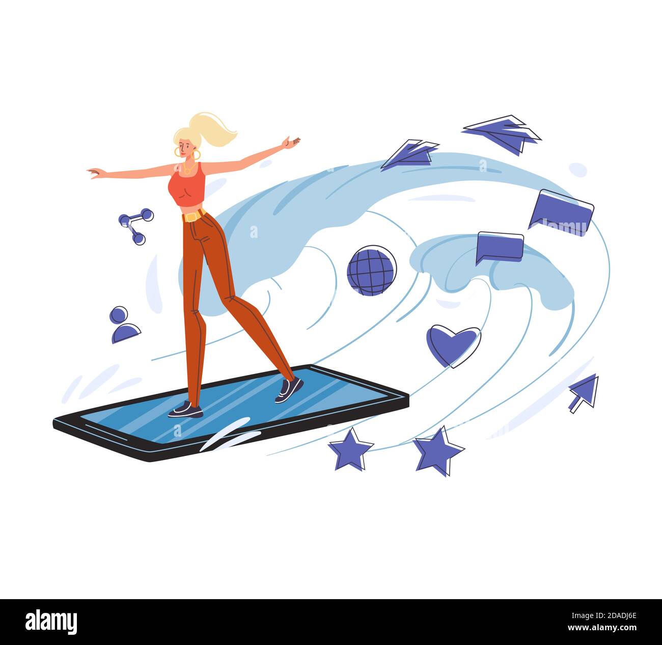 Flat cartoon character surfing internet, vector illustration concept ...