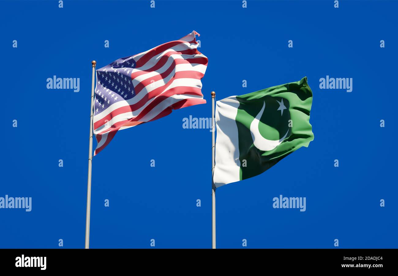 Beautiful national state flags of Pakistan and USA together at the sky ...