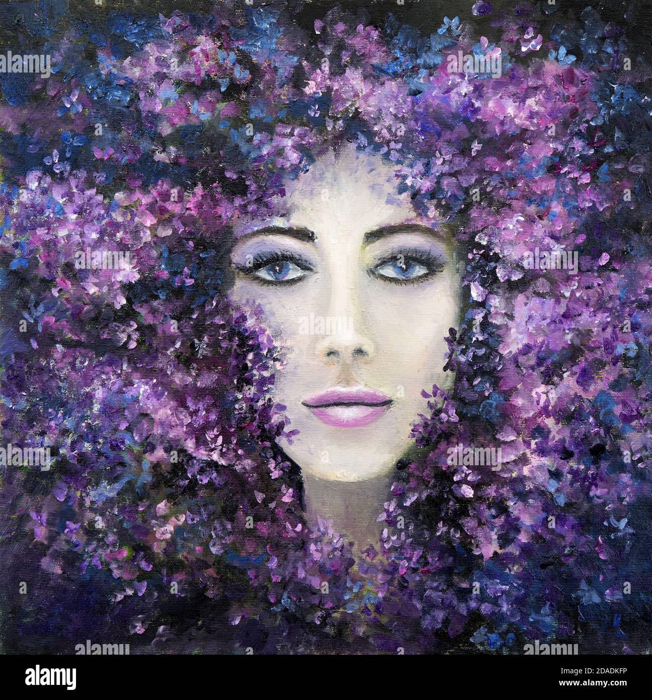 Original abstract oil painting showing woman face and lavender or lilac ...